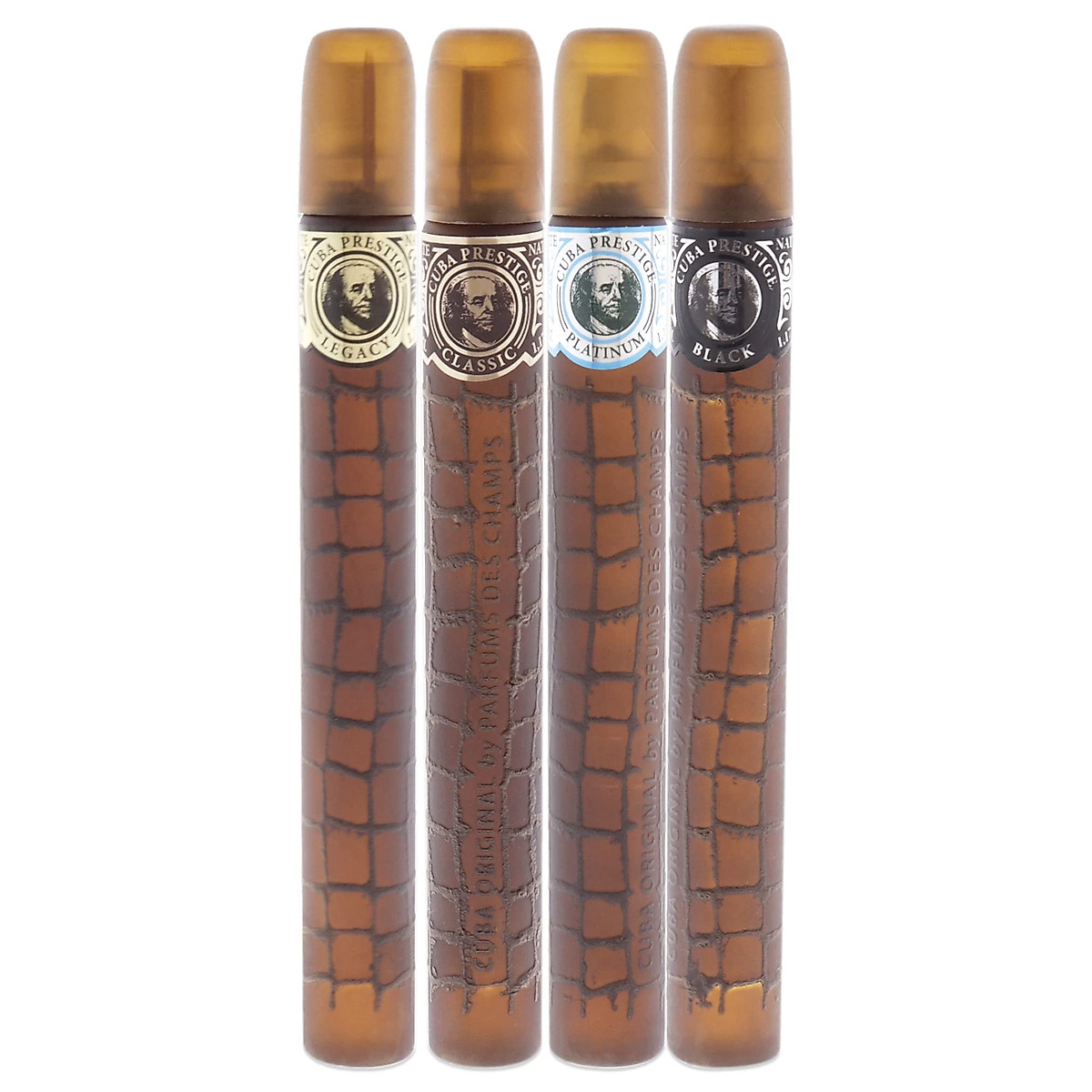 Cuba Prestige Men 1.17oz Classic EDT Spray, 1.17oz Black EDT Spray, 1.17oz Platinum EDT Spray, 1.17oz Legacy EDT Spray 4 Pc Gift Set, (amgcubp4)