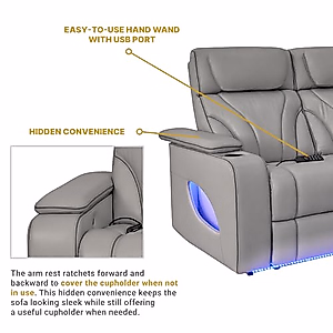 Armen Living Octavia Modern Zero Gravity Power Reclining Heated Massage Sofa, 86" Wide, Silver and Gray Top Grain Leather