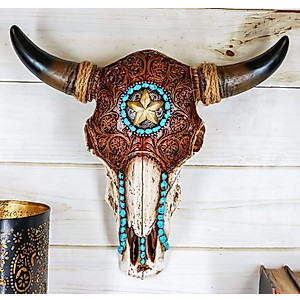 Ebros 13.25" Wide Western Star Tooled Leather Steer Bison Buffalo Bull Cow Horned Skull Head With Turquoise Beads Wall Mount Decor Replica Native Animal Totem Bust Skulls Hanging Plaque Sculpture