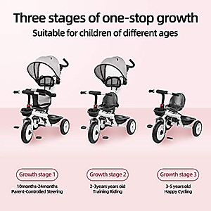 4 in 1 Kids Tricycle, Toddler Tricycle for Children Aged 1 to 5 Years Old, Baby Tricycle with Adjustable Canopy/Safety Seat/Storage Basket/Foot Pedals/Cup Holder (Gray)