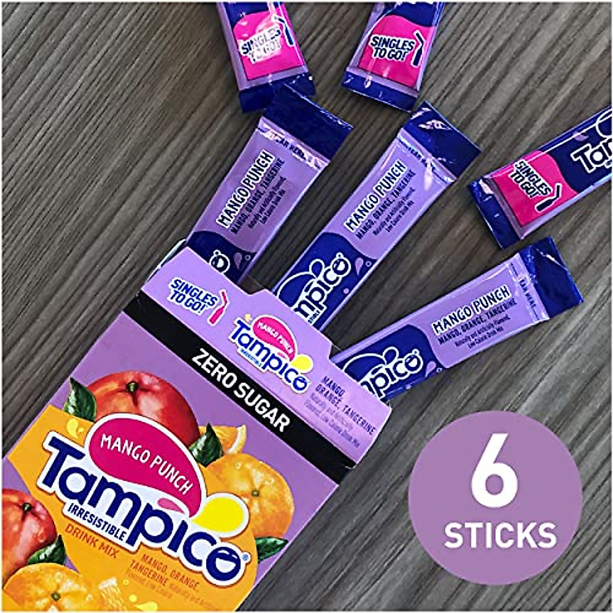 Tampico Singles To Go Drink Mix Packets, Mango Punch, Zero Sugar, Low Calorie, 100% DV of Vitamin C per Serving, Convenient, On-The-Go Water Enhancers, 6 sticks, Pack of 1