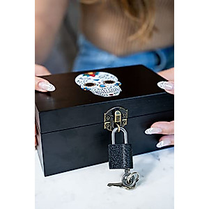 STASH HOUSE SUPPLY CO. Day of the Dead Design Premium Bamboo Stash Box Set with UV Glass Jar, Metal Tray and Lock - Great Gift for Skull Lovers