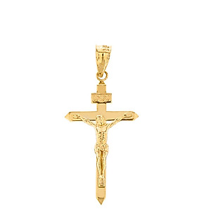 Solid 14k Yellow Gold Linear Cross INRI Crucifix Pendant (1.40")