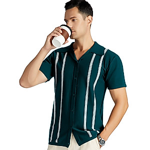 V VALANCH Men's Vintage Shirts Retro Stripes Polo Shirts Short Sleeve Button Closure Knitting Shirts