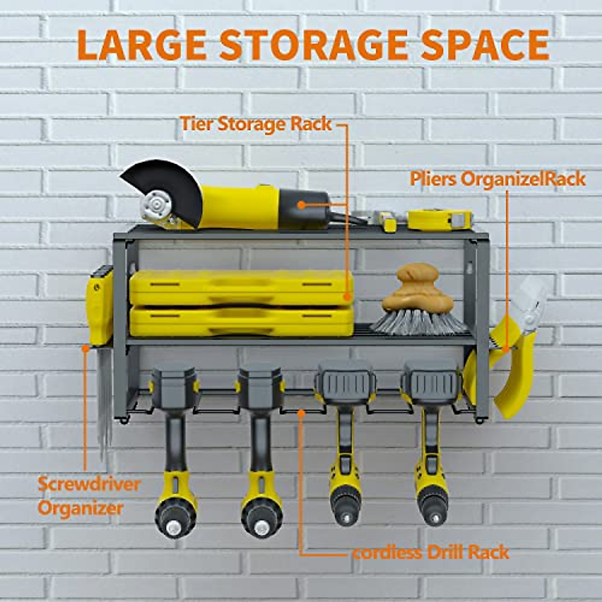 Power Tool Organizer, Garage Tool Organizers and Storage, 3 Layers Heavy Duty Metal Tool Shelf, Drill Holder Wall Mount, Utility Storage Rack for Cordless Drill Charging Station Screwdriver