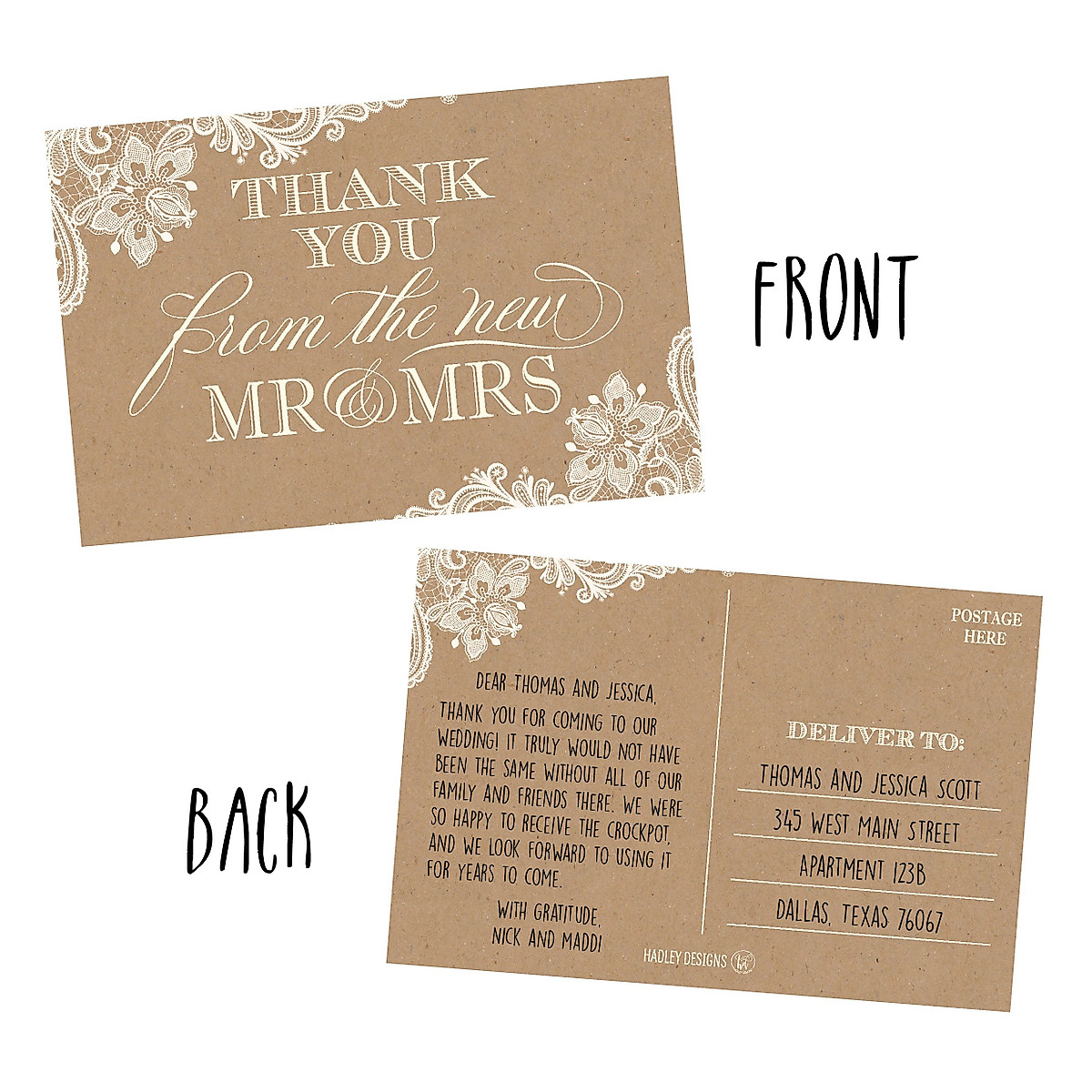 50 4x6 Rustic Kraft Thank You Postcards Bulk, Cute Blank Thank You Cards From The New Mr. and Mrs. Thank You Note Card Stationery Set For Wedding Gifts, Bridesmaid, Bridal Shower, Engagement Party