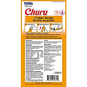 INABA Churu Cat Treats, Grain-Free, Lickable, Squeezable Creamy Purée Cat Treat/Topper with Vitamin E & Taurine, 0.5 Ounces Each Tube, 24 Tubes (4 per Pack), Chicken Recipe