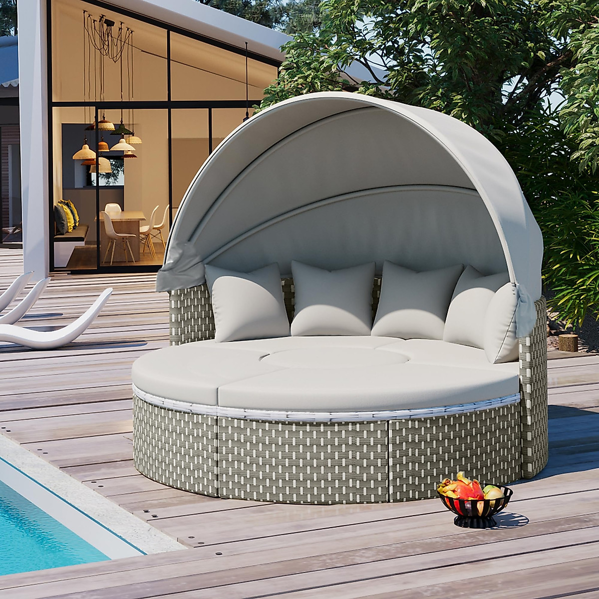 Merax Patio Conversation Set, 5-Piece Outdoor Furniture Round Sectional Sofa Set Rattan Daybed Two-Tone Weave Sunbed with Retractable Canopy, Gray