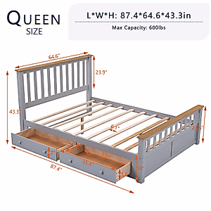 Queen Size Country Style Wooden Platform Bed Frames with 2 Storage Drawers, Modern Platform Bed with Headboard/Footboard, Noise-Free for Bedroom Boys Girls Adults Teens, Solid Wood Slat Support(Gray)