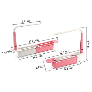 Adjustable Telescopic Sink Storage Organizer Rack Sponge Soap Drain Basket Expandable Organizer for Home Kitchen with Dish Cloth Hanger (Pink)