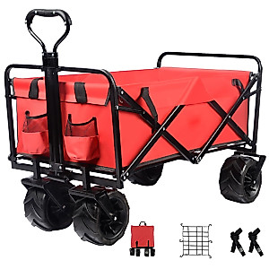Collapsible Heavy Duty Beach Wagon Cart Outdoor Folding Utility Camping Garden Beach Cart with Universal Wheels Adjustable Handle Shopping (Red)