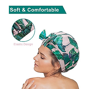 Auban Shower Cap Reusable,Ribbon Bow Bath Cap Oversized Large Design With Waterproof Exterior for All Hair Lengths,Great for Girls Spa Home Use,Hotel and Hair Salon (Green)