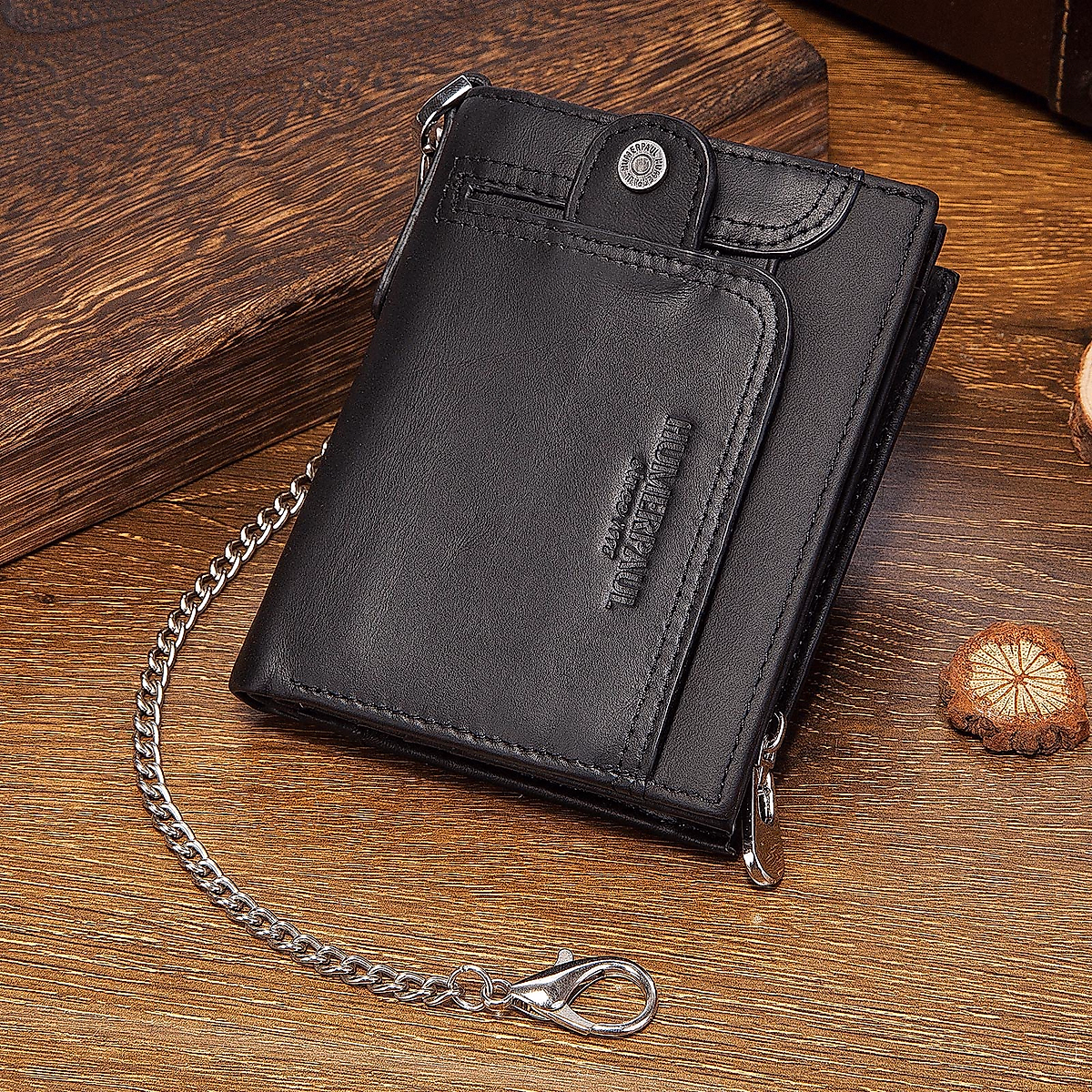 HUMERPAUL Chain Wallet for Men, Genuine Leather Bifold Wallets Rfid Blocking Men Purse with Zipper Coin Pocket (Black)
