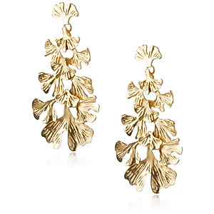 Vintage Earrings for Women Matt Metal Ginkgo Biloba Textured Statement Earring 14K Gold Plated Dangle Earrings with Stud for Women Wedding Valentine's Day Anniversary Birthday Mothers Day Christmas