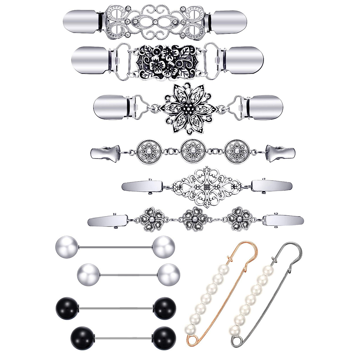 12 Pieces Vintage Sweater Shawl Clips Retro Cardigan Collar Clips Flower Pattern Shirt Dresses Clips Faux Pearl Brooch Pins for Women Girls (Stylish Design)