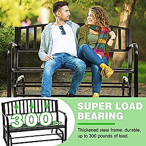 Metal Outdoor Glider Bench Waterproof Patio Glider Bench Porch Glider Swing Rocking Chair Glider with Powder Coated Frame for Garden Porch Balcony Backyard Lawn