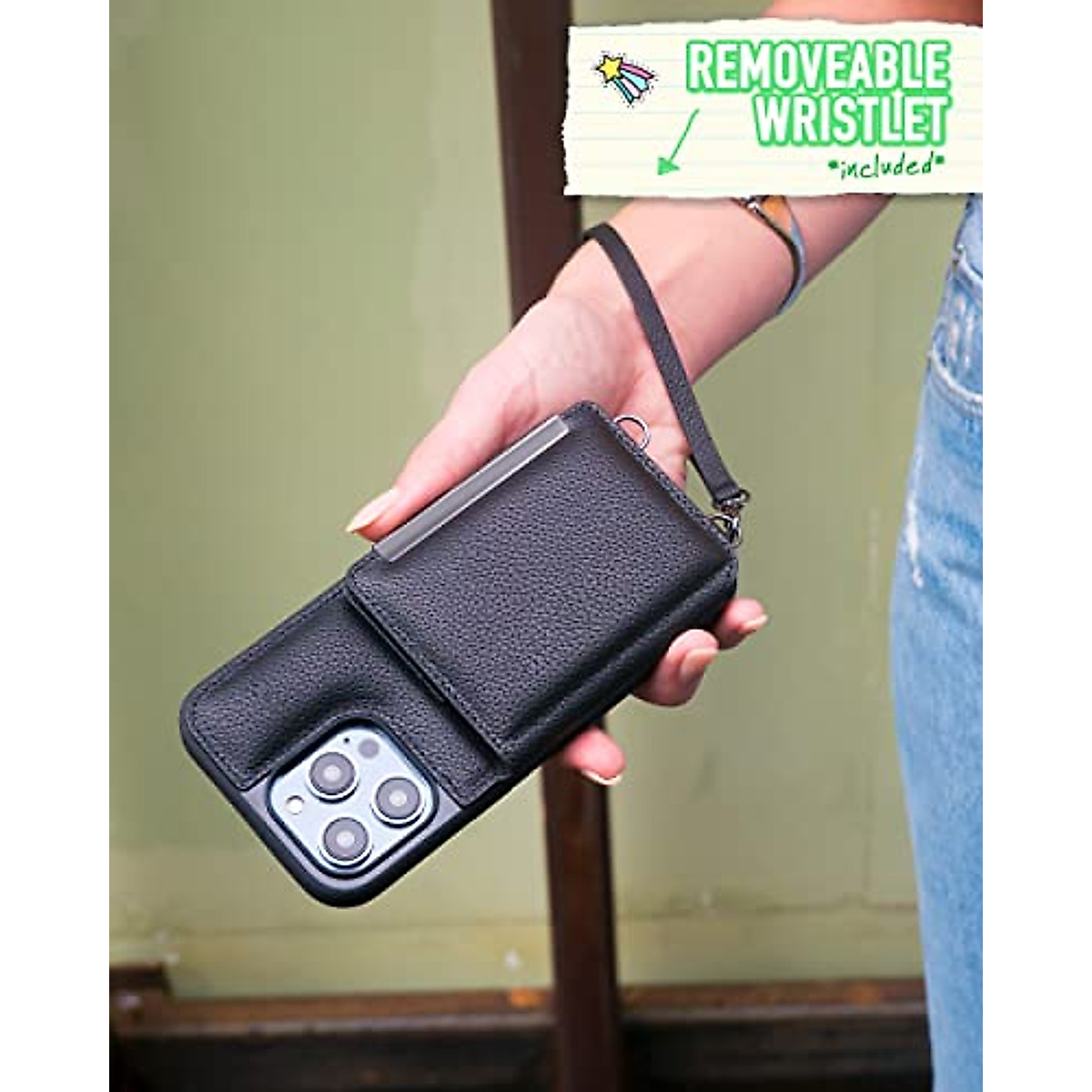 Smartish iPhone 14 Pro Max Crossbody Wallet Case - Dancing Queen [Purse/Clutch with Detachable Strap & Wristlet] Protective Cover with Credit Card Holder - Stiletto Black - Gunmetal