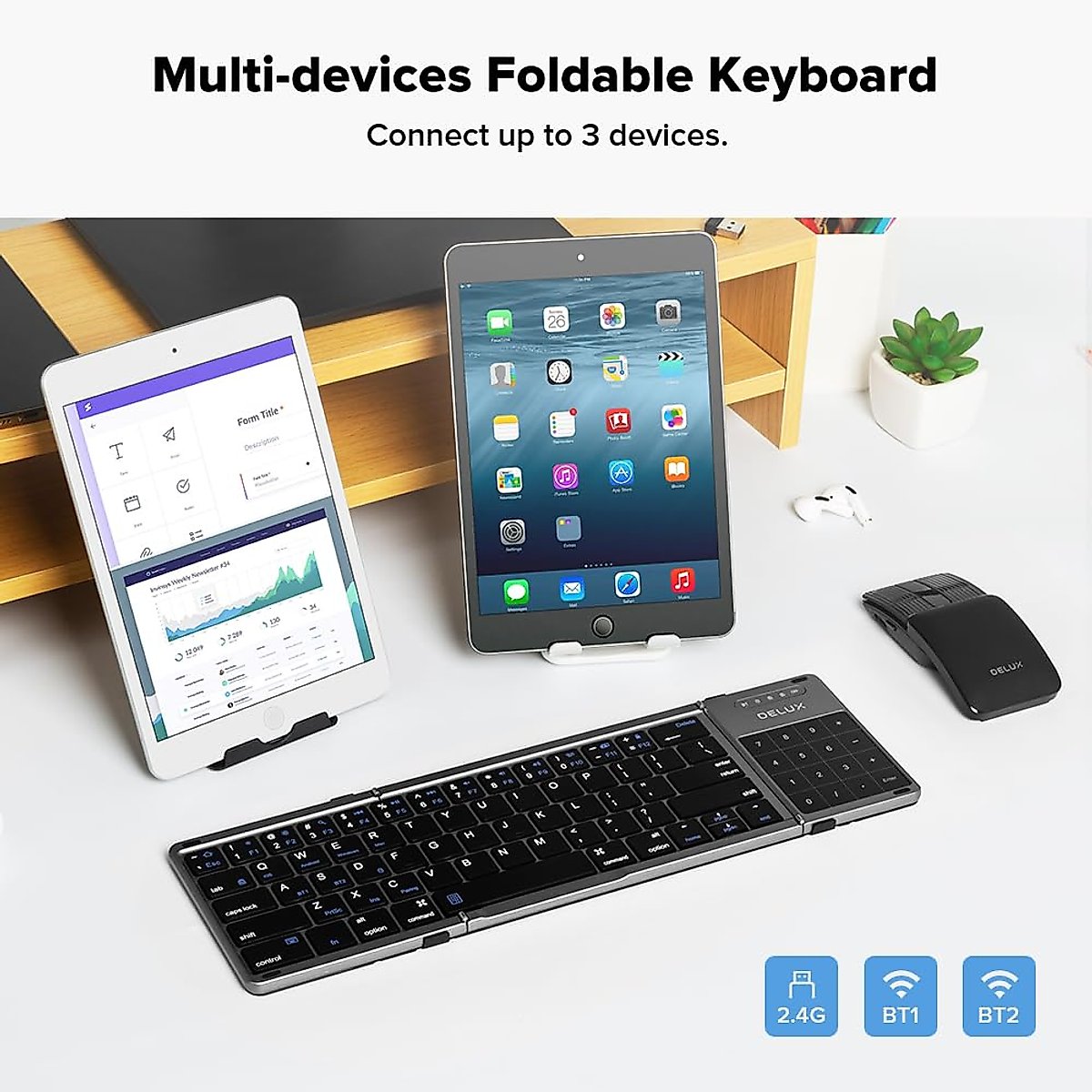 DeLUX Foldable Keyboard with Touchpad and Numeric Keypad, 2.4G Wireless and Bluetooth, Rechargeable Portable Travel Folding Keyboard with PU Leather, for iOS Android Windows Tablet (KF18)