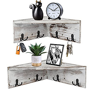 WGFKVAS Corner Shelf Wall Mounted Set of 2, Solid Wood Corner Floating Shelves with Hooks, Rustic White Wall Storage Display Shelf for Wall Decor Living Room, Entryway, Office, Bathroom