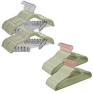 SONGMICS 30-Pack Pants Hangers and 50-Pack Clothes Hanger Bundle, Velvet Hangers with Adjustable Clips, Non-Slip, and Space-Saving, Pale Green UCRF012GR30 and UCRF021GR50