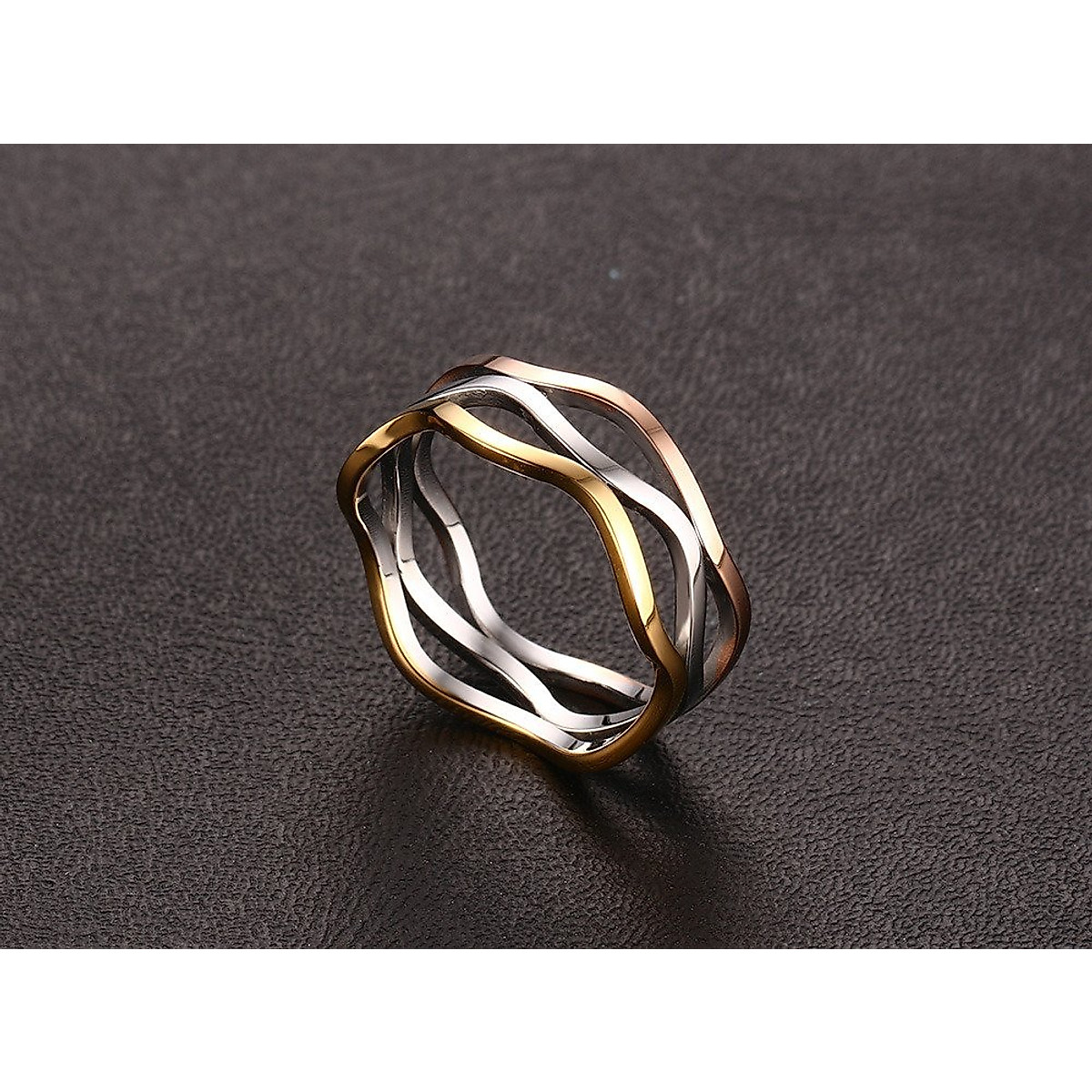 VNOX Womens Girls Stainless Steel Tri-color Wave Band Ring for Wedding Promise Engagement,Size 9