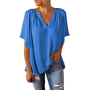 Blouses for Women Dressy Casual Sexy Women's Loose Casual Short Sleeve Chiffon Top V Neck T Shirt Sexy Blouse Blue
