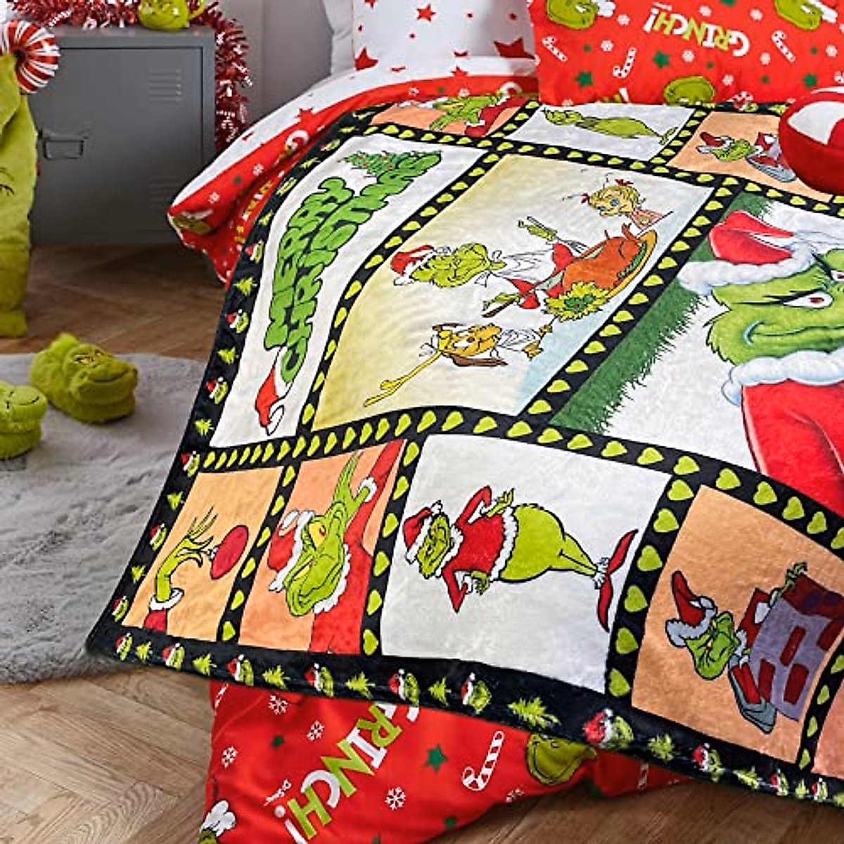 Christmas Fleece Blankets Super Soft Bed-Throw Blanket Green Christmas Grinchy Cartoon Mosaic Warm Bed Blanket for Sofa Chair Bed Living Room Funny Stitching Winter Companion Blessing 60"x80"