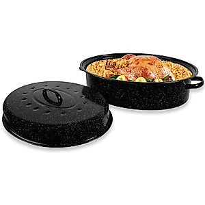 Bovado 15.5" Enamel Oval Turkey Roaster with Lid - 12lb Capacity, Nonstick, Dishwasher Safe