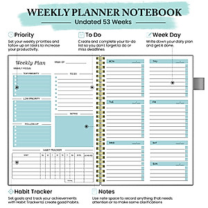 7"x10" Undated Weekly Planner, 53 Weeks To Do List Goals Notebook with Spiral Binding, Flexible Cover, Perfect for Daily & Weekly Plan (Gray)