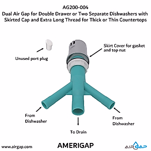 Dual Air Gap for Double Drawer or Two Separate Dishwashers with Skirted Cap and Extra Long Thread for Thick or Thin Countertops (AG200-004, AG200-001, T52, AMERIGAP)