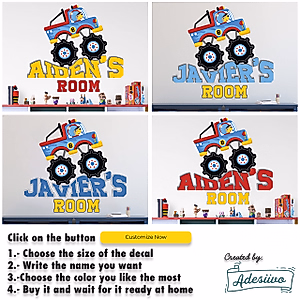 AdesiivoStudio Personalized Name Monster Truck Stickers for Wall Decor - Monster Truck Room Decor for Boys - Monster Jam Wall Decals for Kids Bedroom - Customized Name Wall Decor (Kids Monster Truck)