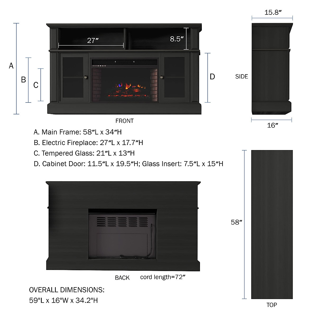 59-Inch Long Electric Fireplace TV Stand Entertainment Center Console with Remote, LED Flames, Adjustable Heat by Northwest (Black)