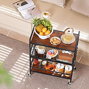 Yoobure Bar Cart with Wheels, Bar Carts for The Home, 3-Tier Rolling Kitchen Cart with Wine Rack and Glass Holder, Home Bar & Serving Carts with Hooks Wine Cart Microwave Cart for Kitchen Living Room