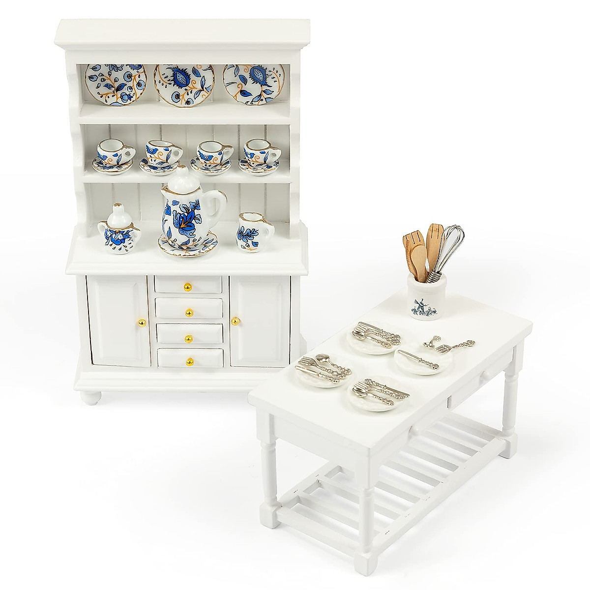 SAMCAMI Wooden Dollhouse Furniture Set - Miniature Dollhouse Furniture 1 12 Scale for Dollhouse Kitchen - Doll House Furniture Toys Incl Kitchen Island, Cabinet, Tea Cup Set and Other Accessories