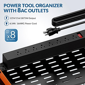 Sttoraboks Modular Power Tool Organizer with Charging Station, Wall Mount Garage Shelf Rack with Hooks for 6 Drills, 4-Layer Shelf, Heavy Duty Tool Battry Holder Built in 8 Outlet Power Strip, Orange