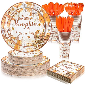 Skybooly 350 Pcs Pumpkin Baby Shower Party Decorations Supplies Fall Theme Party Tableware Set Our Little Pumpkin Is on the Way Party Dessert Plates Napkins Forks for 50 Guests Baby Shower Party