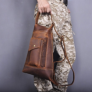 Le'aokuu Men Outdoor Large Travel Hiking Tea Cross-body Chest Sling Bag Rig One Shoulder Strap Bag Backpack Men Quality Leather 2329 (Brown)