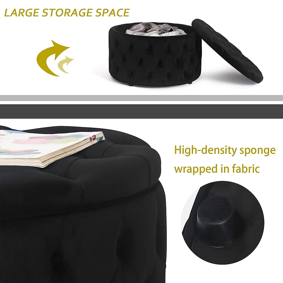 Homebeez 28 Inch Round Velvet Storage Ottoman, Button Tufted Footrest Stool Coffee Table for Living Room, Black