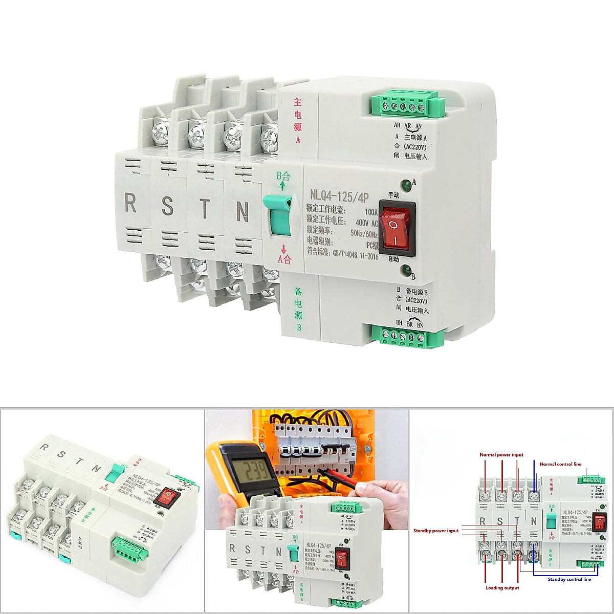 Dual Power Automatic Transfer Switch AC 400V 4P 63A/80A/100A ATS PC Automatic Changeover Toggle Switch Double Transfer Switch for Municipal Electricity, Generator(100A)