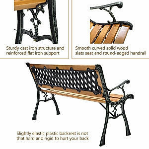 50'' Outdoor Cast Iron Patio Bench, Outdoor Furniture Hardwood Frame Porch Loveseat, Porch Path Chair, Weather Proof, for 2 Person Outside Bench