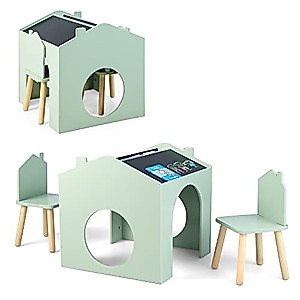 Costzon Kids Table and Chair Set, 3 Pieces Wooden Table Set for Toddler w/Chalkboards for Arts, Crafts, Reading, Drawing, House-Shaped Space-Saving Children Furniture Set, Gift for Boys Girls, Green