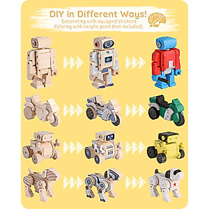 SainSmart Jr. 4-in-1 STEM Kits, Wooden Robot Assembly Toy Set, Woodworking Crafts Projects for Kids, Gift for Boys and Girls