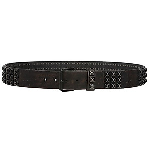 Snap On 1 3/4" Three Row Punk Rock Star Distressed Black Studded Leather Belt, 36"