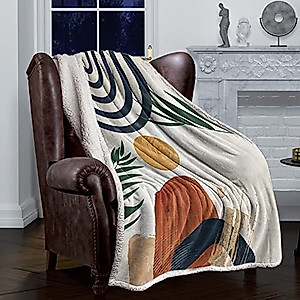 Mid Century Sherpa Flannel Throw Blankets,Boho Abstract Leaf Thick Reversible Plush Fleece Blanket for Bed Couch Sofa,Geometric Minimalist Aesthetic Ultra Soft Comfy Warm Fuzzy TV Throws 40x50in