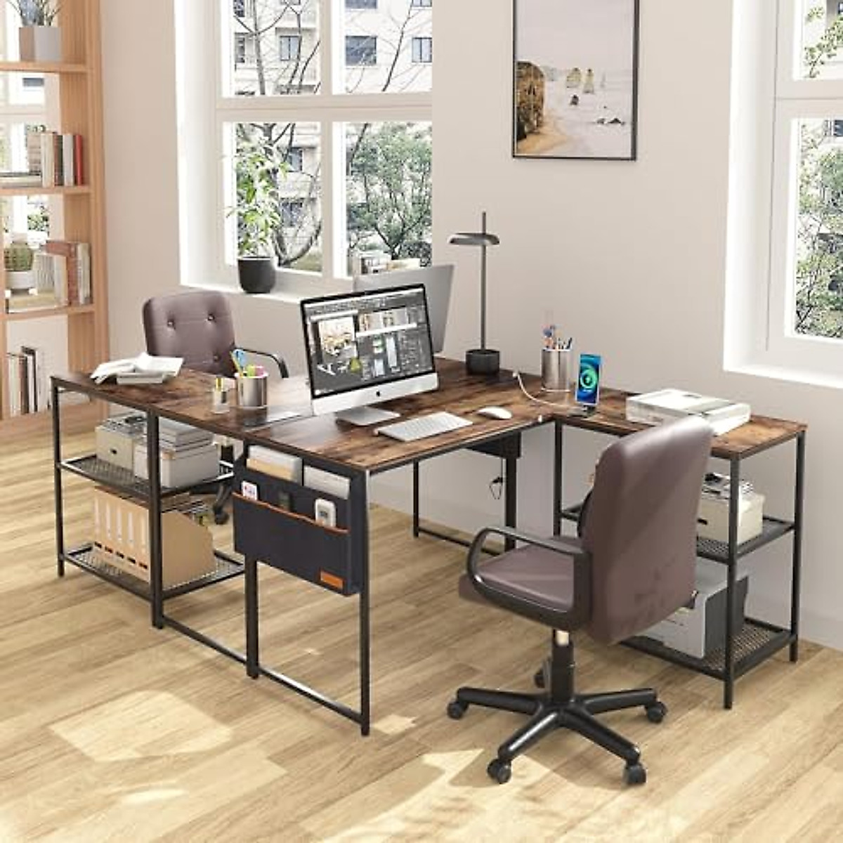 VECELO L Shaped Computer Desk 49 Inch Writing Study Corner Gaming Table with Storage Shelves and Side Bag, for Home Office Workstation