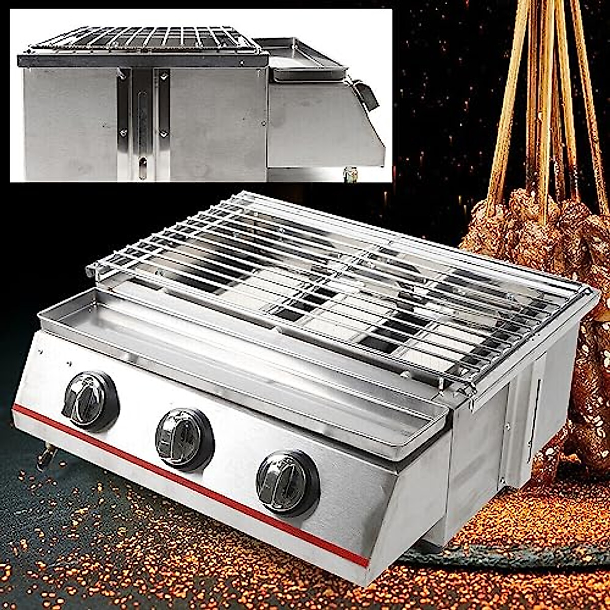 BBQ Portable Tabletop Gas Grill,3 Head Burner Stainless Steel Grill Outdoor,Smoke Free Stove Adjustable height LPG BBQ Grill Cooker,Indoor Best for Backyard Buffet Gourmet Kit