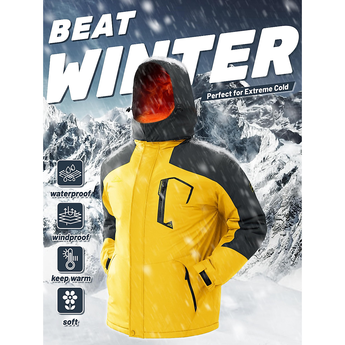 TACVASEN Skiing Jacket for Men Winter Jacket Waterproof Snowboard Jakcet with Hood Hiking Fishing Travel Fleece Jacket Parka Coat White, M