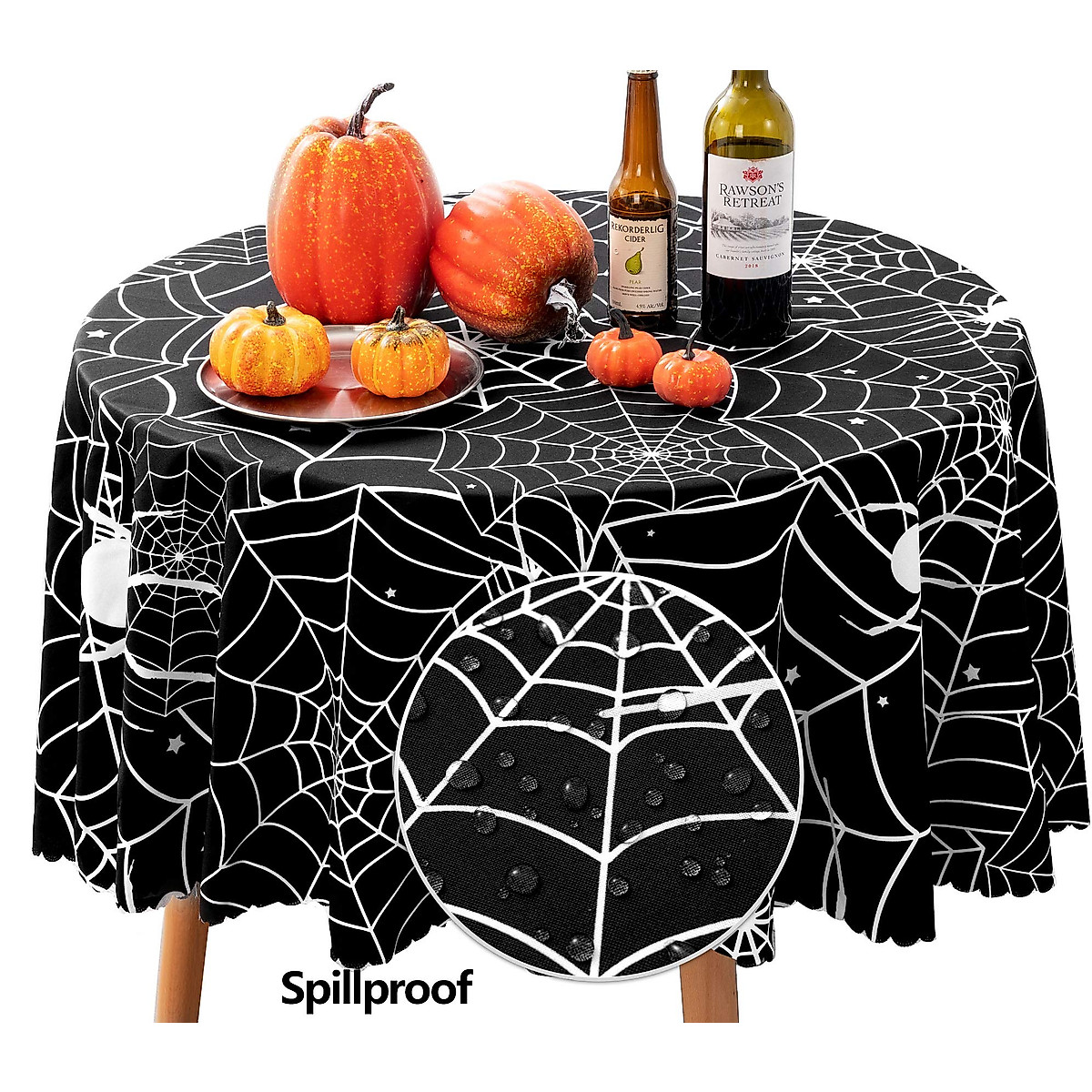 60 Inch Round Polyester Tablecloth, Halloween Black Spider Web Table Cloth, Spillproof Washable Polyester Table Cover - Perfect for Halloween Party Decorations