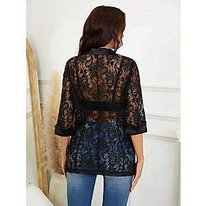 WDIRARA Women's Floral Lace Mesh One Button Lapel Neck Long Sleeve Elegant Jacket Blazer Black Mid Sleeve M