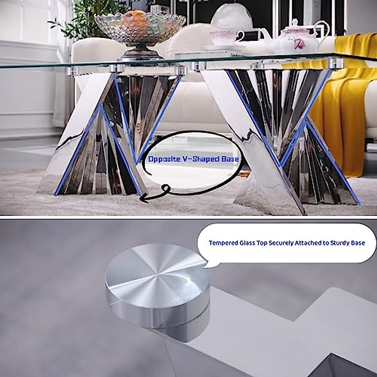 Anewsun Modern Coffee Table, Clear Glass Living Room Coffee Table with Silver Geometric Base